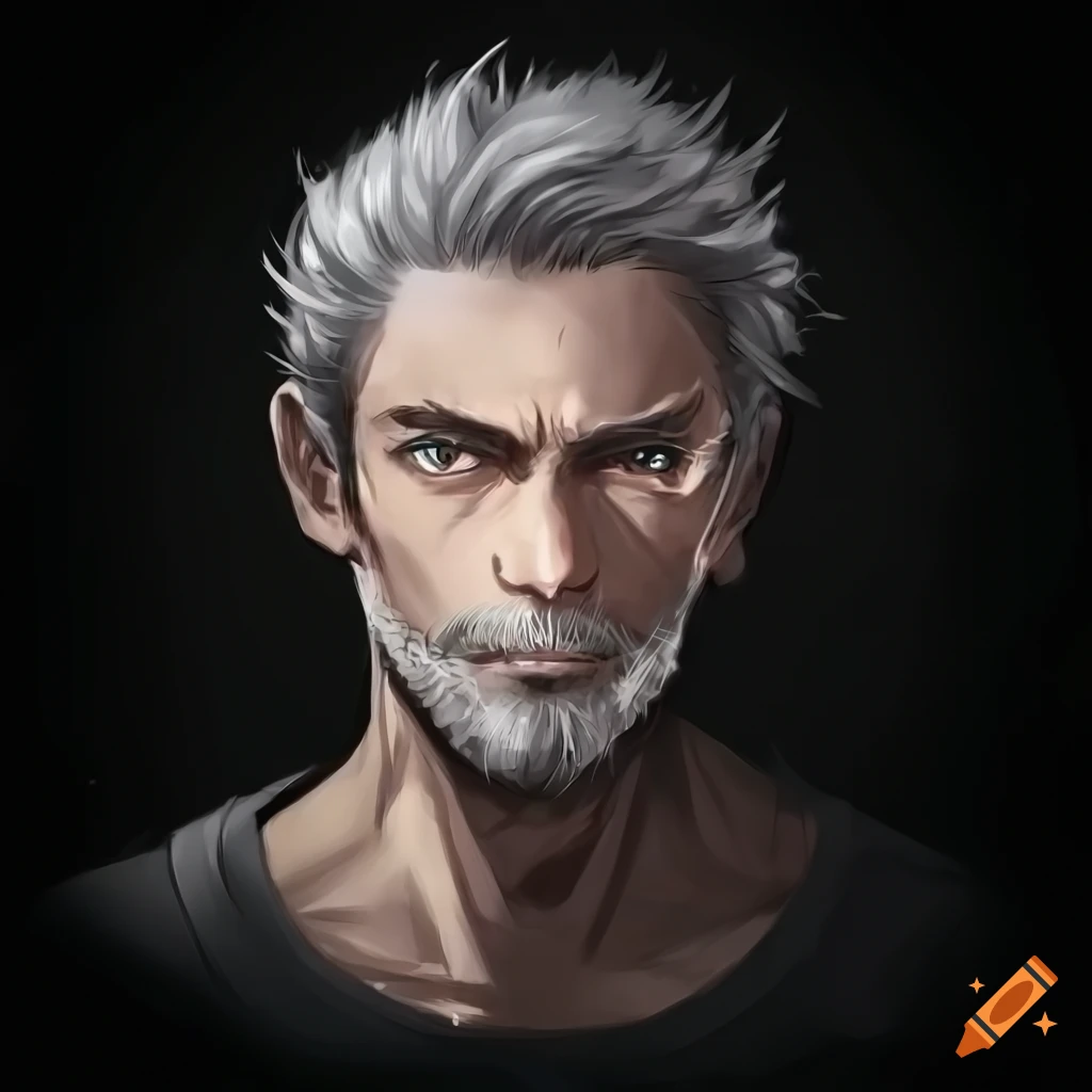 Middle-aged man with grey hair and green t-shirt in anime portrait ...