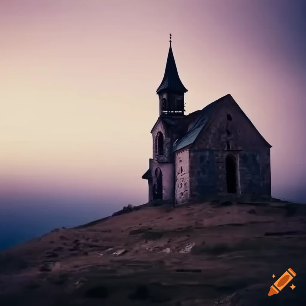 Abandoned church on mountain with alpacas outside on Craiyon