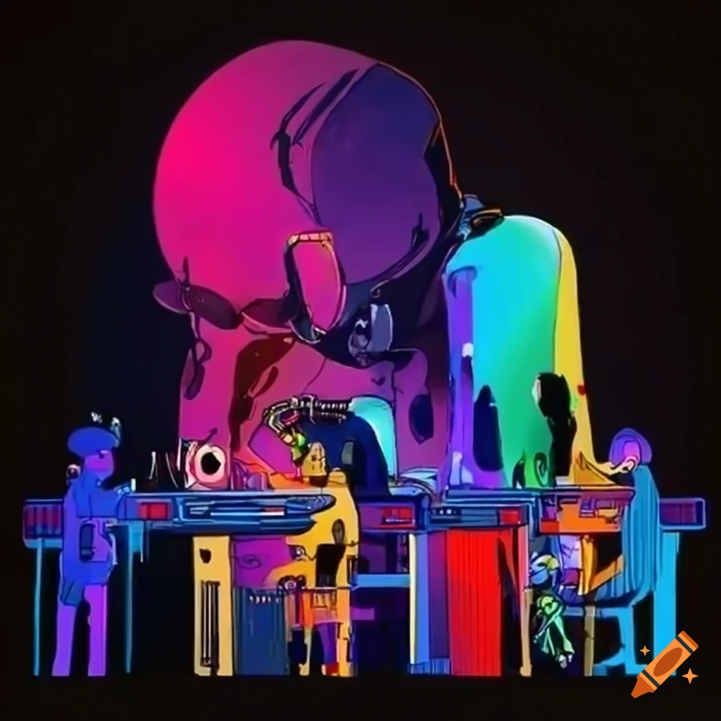 Colorful digital world with people and robots drawing and playing ...