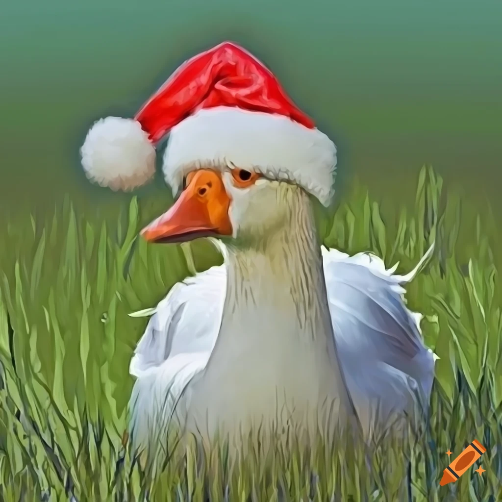 White goose wearing a santa claus hat in a green meadow on Craiyon