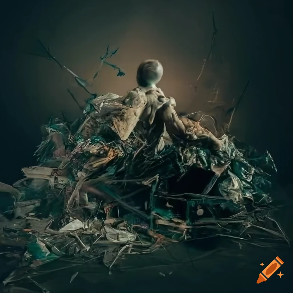 Distorted human figure pieces caught in chaotic junk garbage web in a ...