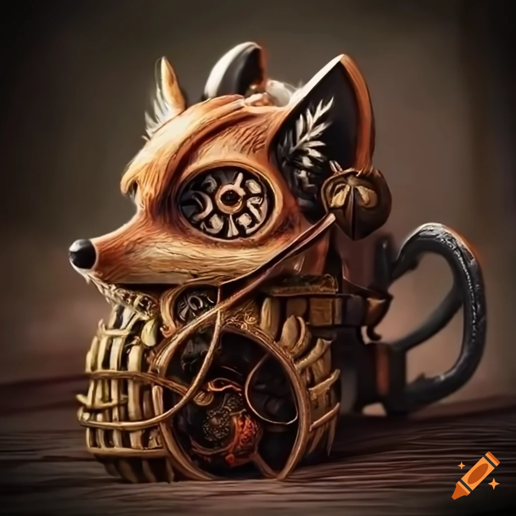 DnD coffee mug with steampunk fox design and mechanical spider handle ...
