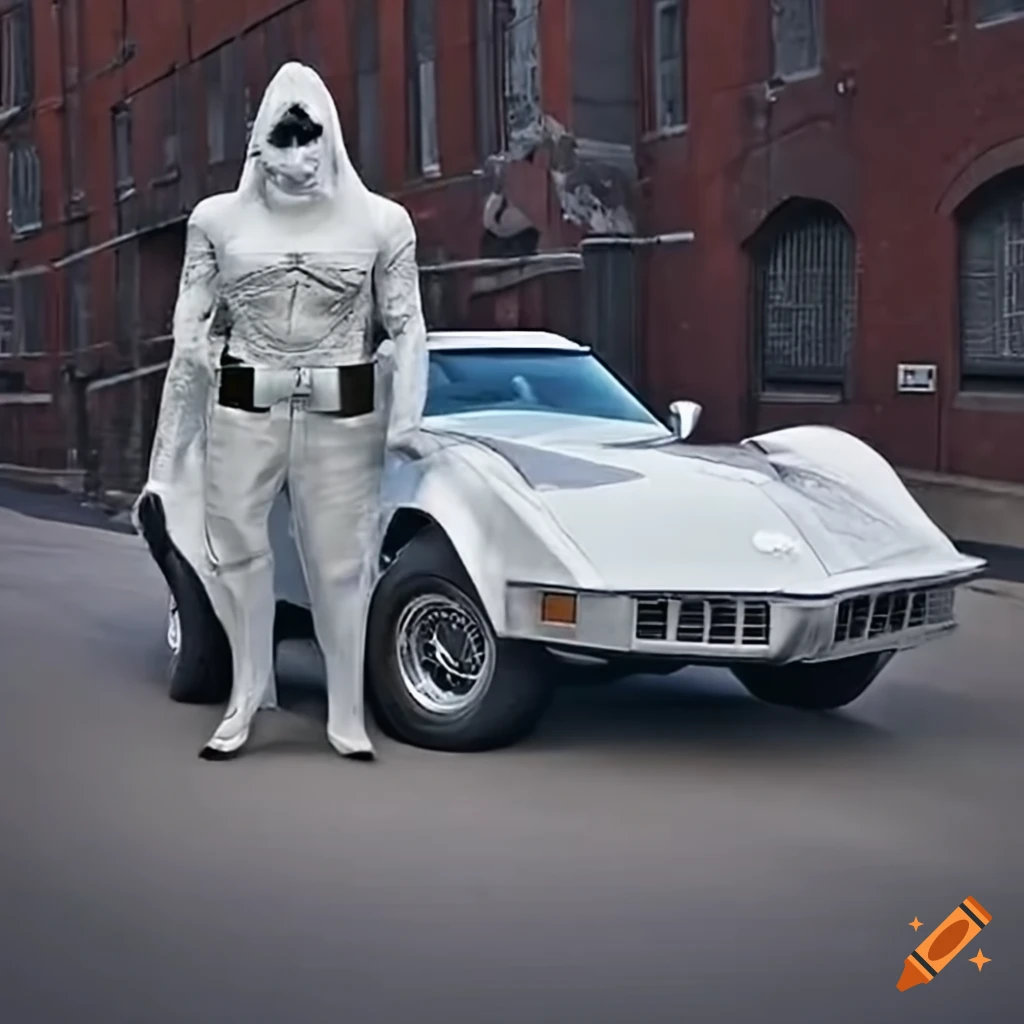 Moon Knight next to a white 1982 Chevrolet Corvette on Craiyon