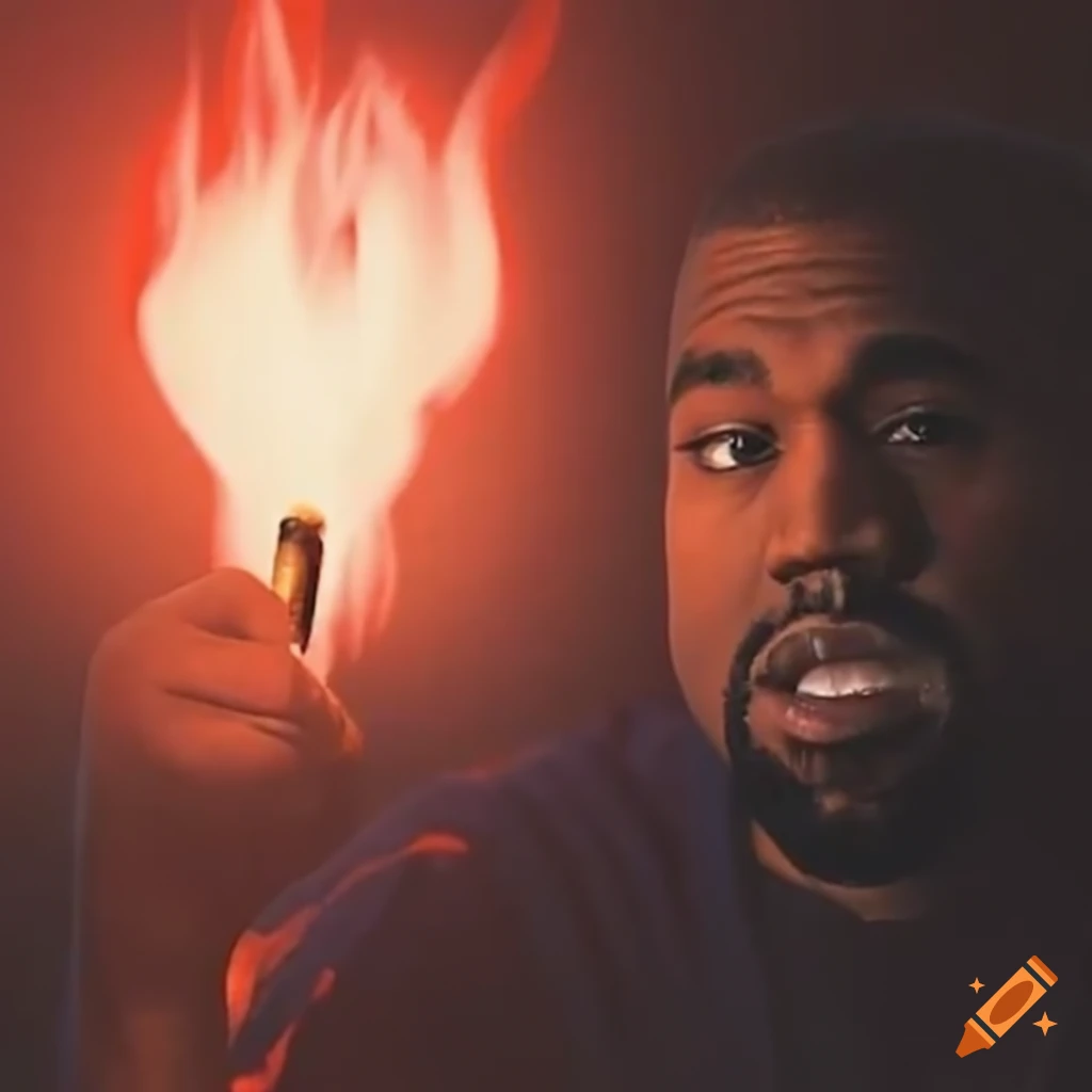 Kanye west writing with a pen surrounded by fire