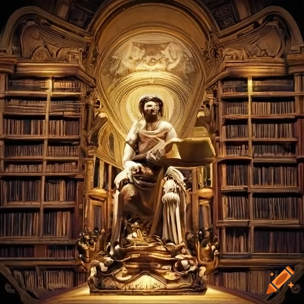 Library Guardian within an ancient library surrounded by wisdom-filled ...