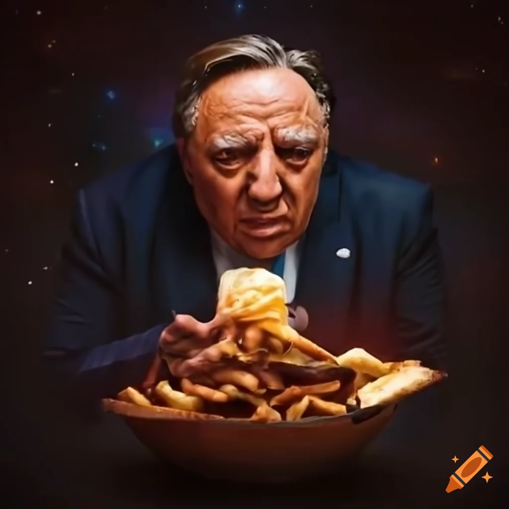 François legault eating poutine with dramatic lighting in front of a ...
