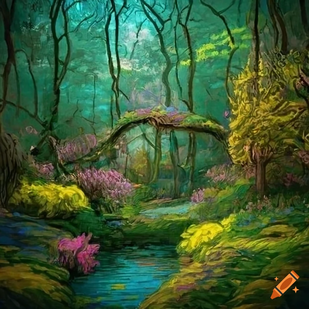 Lush elven garden in a forest with colorful flowers and green trees ...