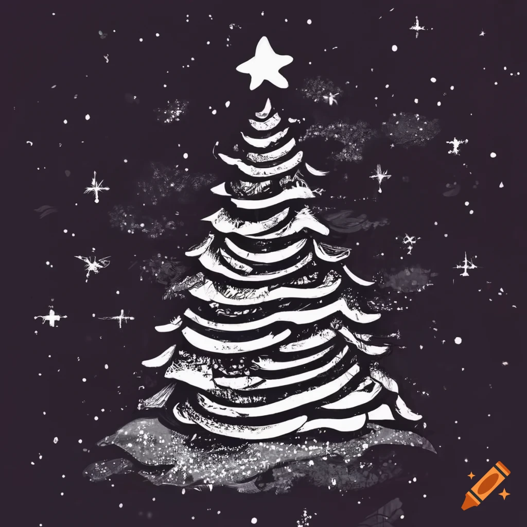 Magical Christmas tree doodle art with dark starry sky in grayscale on ...