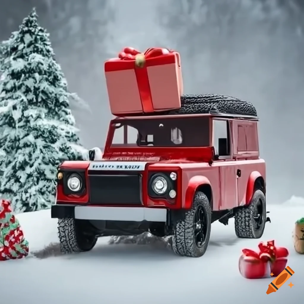 Red land rover defender with santa gifts on Craiyon