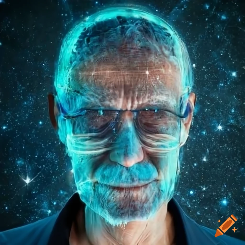 Abstract image of a old man connected telepathically to a galaxy-sized ...