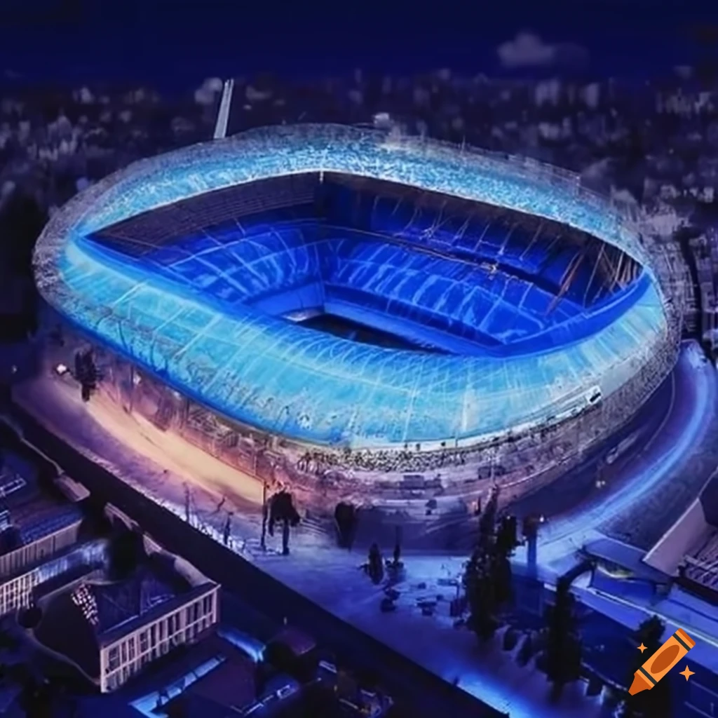 Future Chelsea FC football stadium with blue lighting on Craiyon