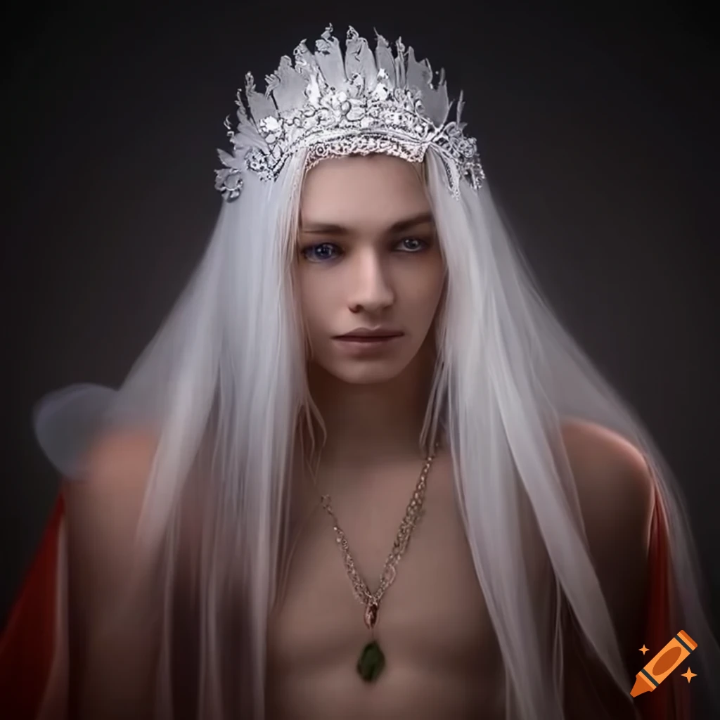 Handsome fairy king with long white hair and ethereal wings near a lake ...