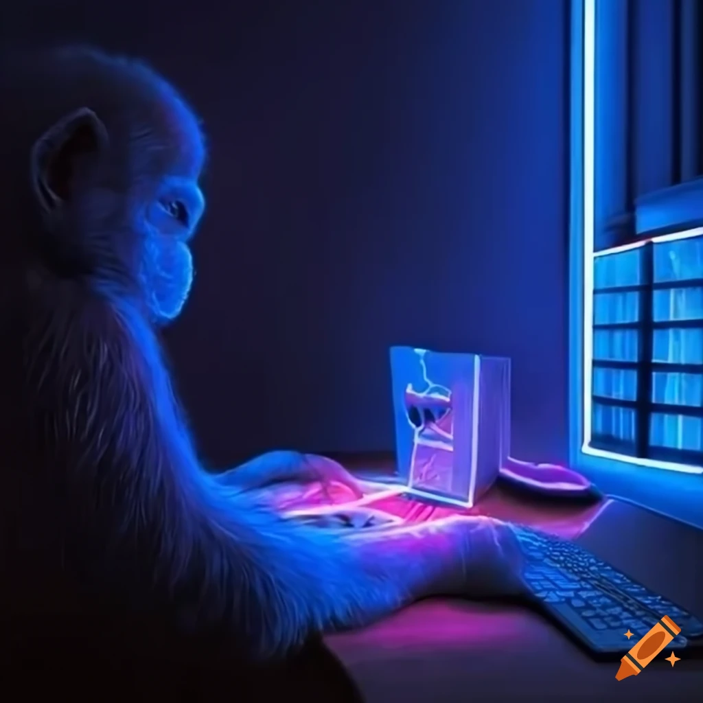 Chimpanzee programming on a computer in a room with neon lights on Craiyon