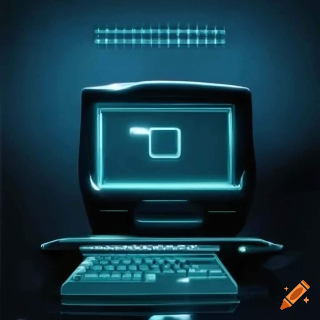 80s computer with 'loading...' on the screen in a cinematic Tron-like setting on Craiyon