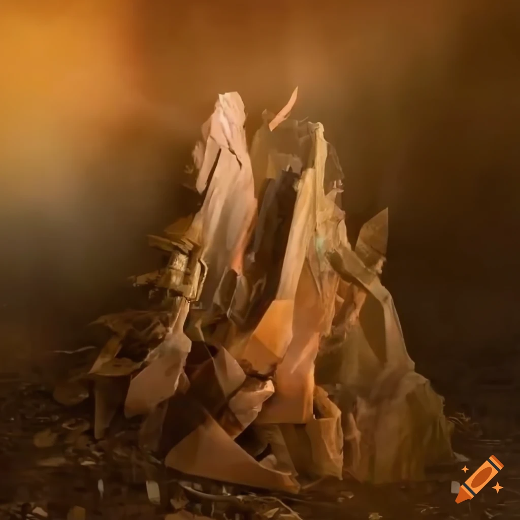 Distorted figure caught up in chaotic web in a destroyed landscape ...