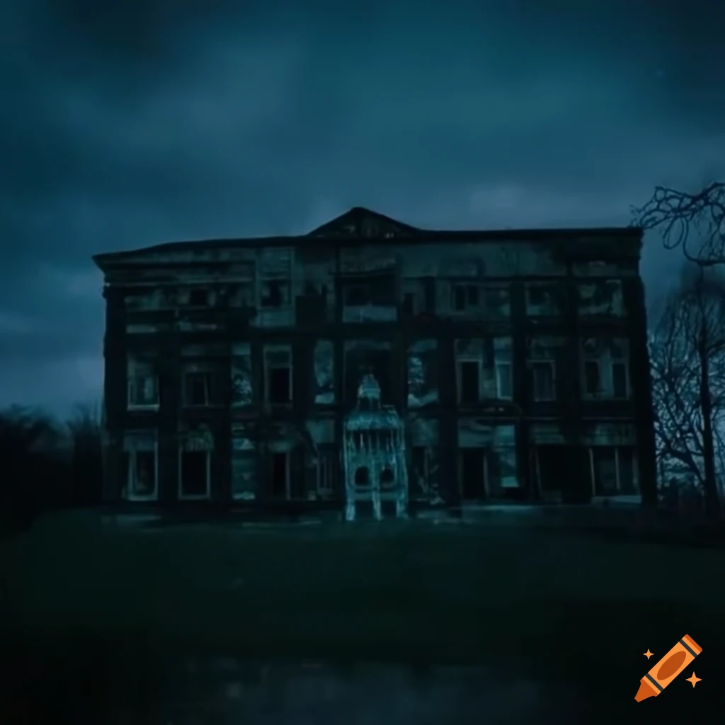 Exterior of spooky facility infested with zombies on a cloudy night on ...