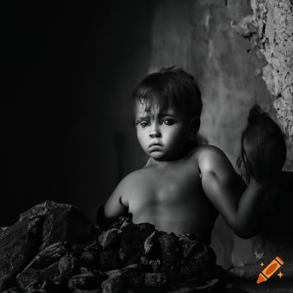 Sad child with a lump of coal on Craiyon