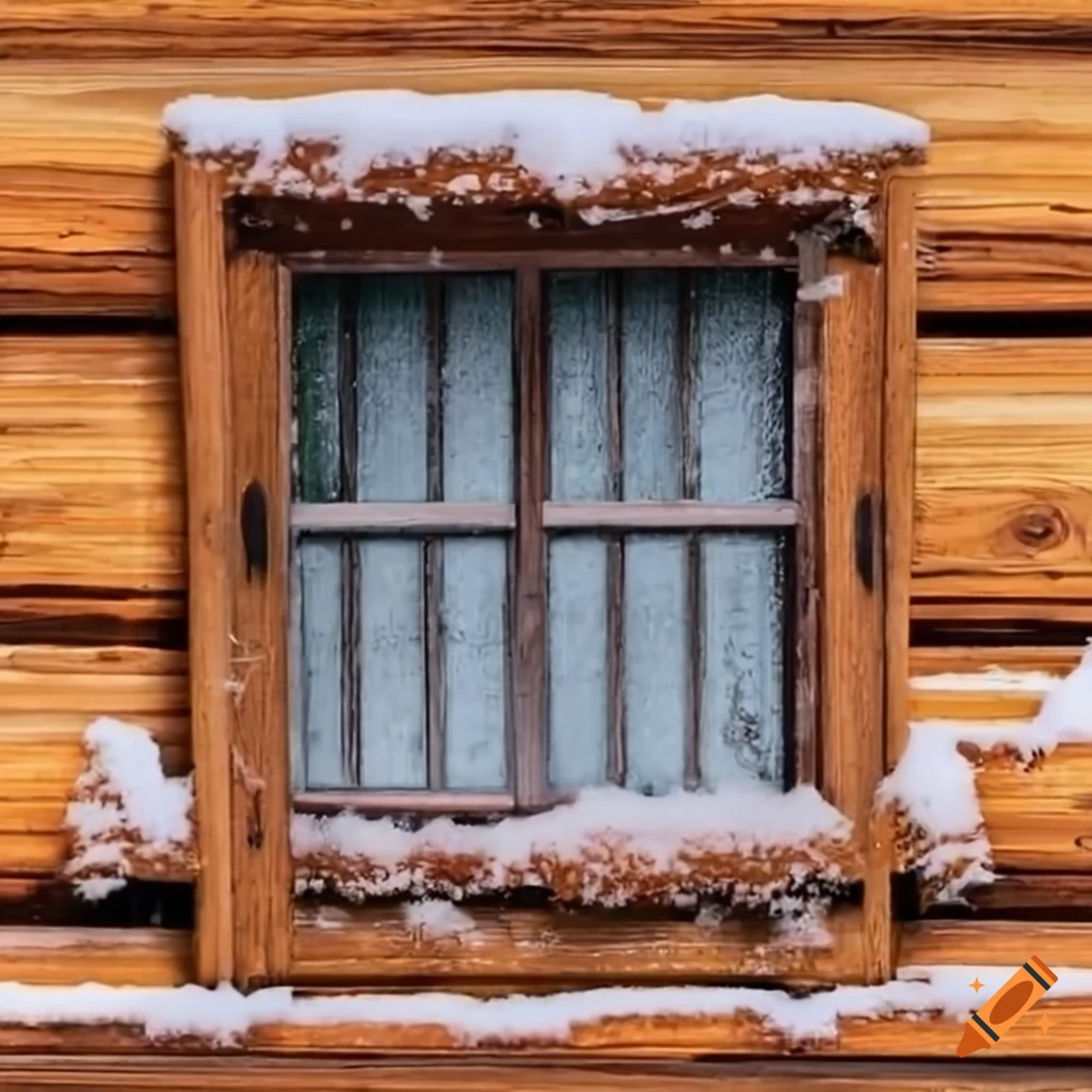 Whimsical wooden house window with snow in 4k resolution on Craiyon