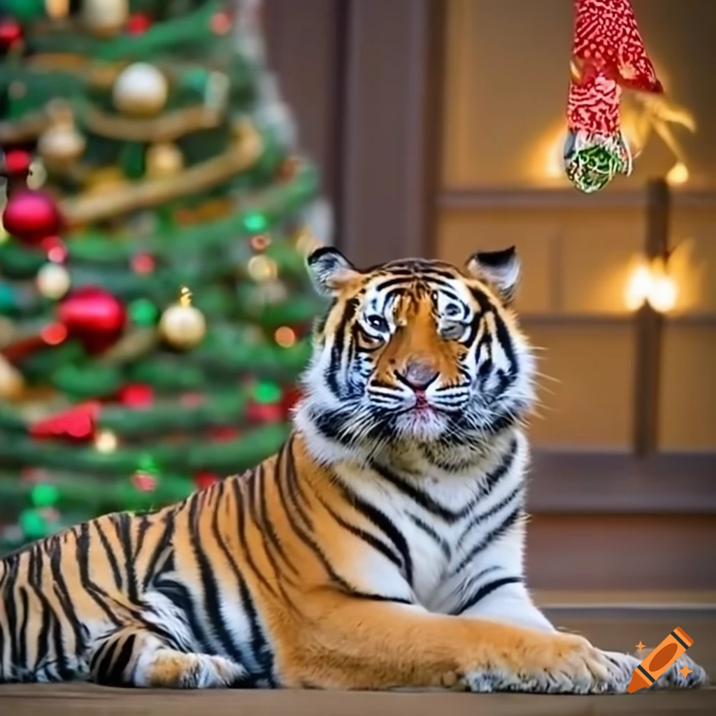 Tiger lying in front of a christmas tree