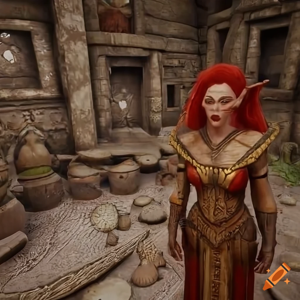 Pale-white-skinned elf believer woman with red-golden cloth in a sci-fi ...