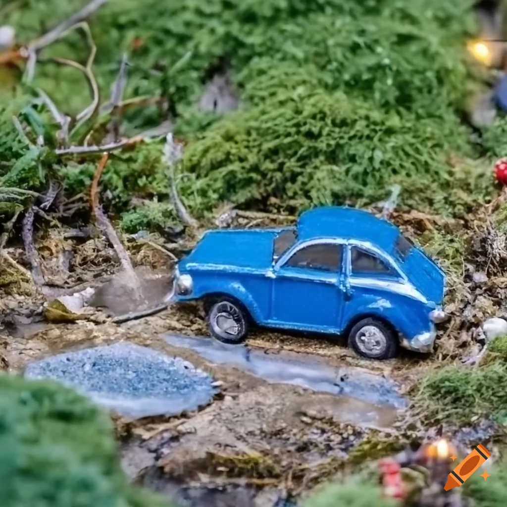 Miniature diorama with blue car, moss, Christmas lights, and miniature ...