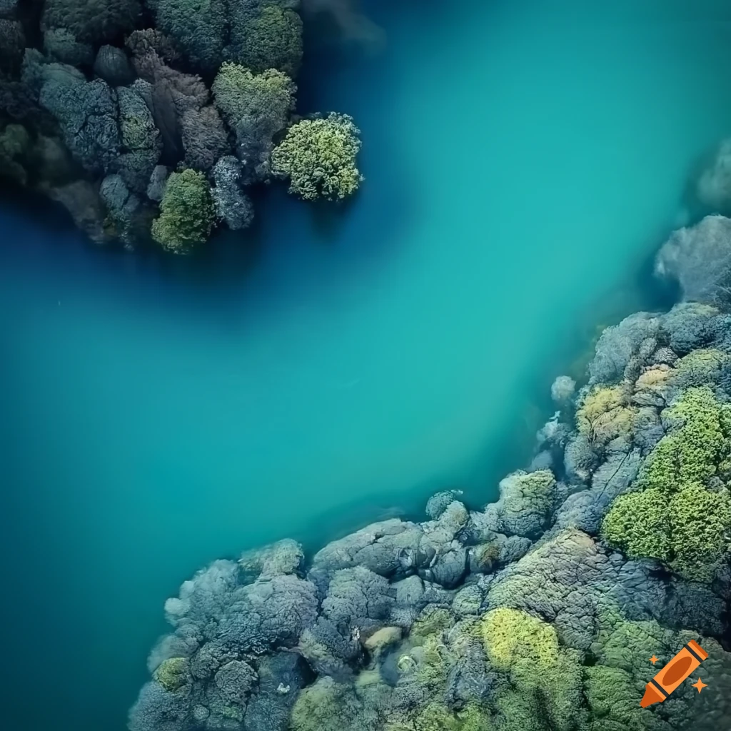 Bird's-eye view of a river transitioning from clear blue water to ...