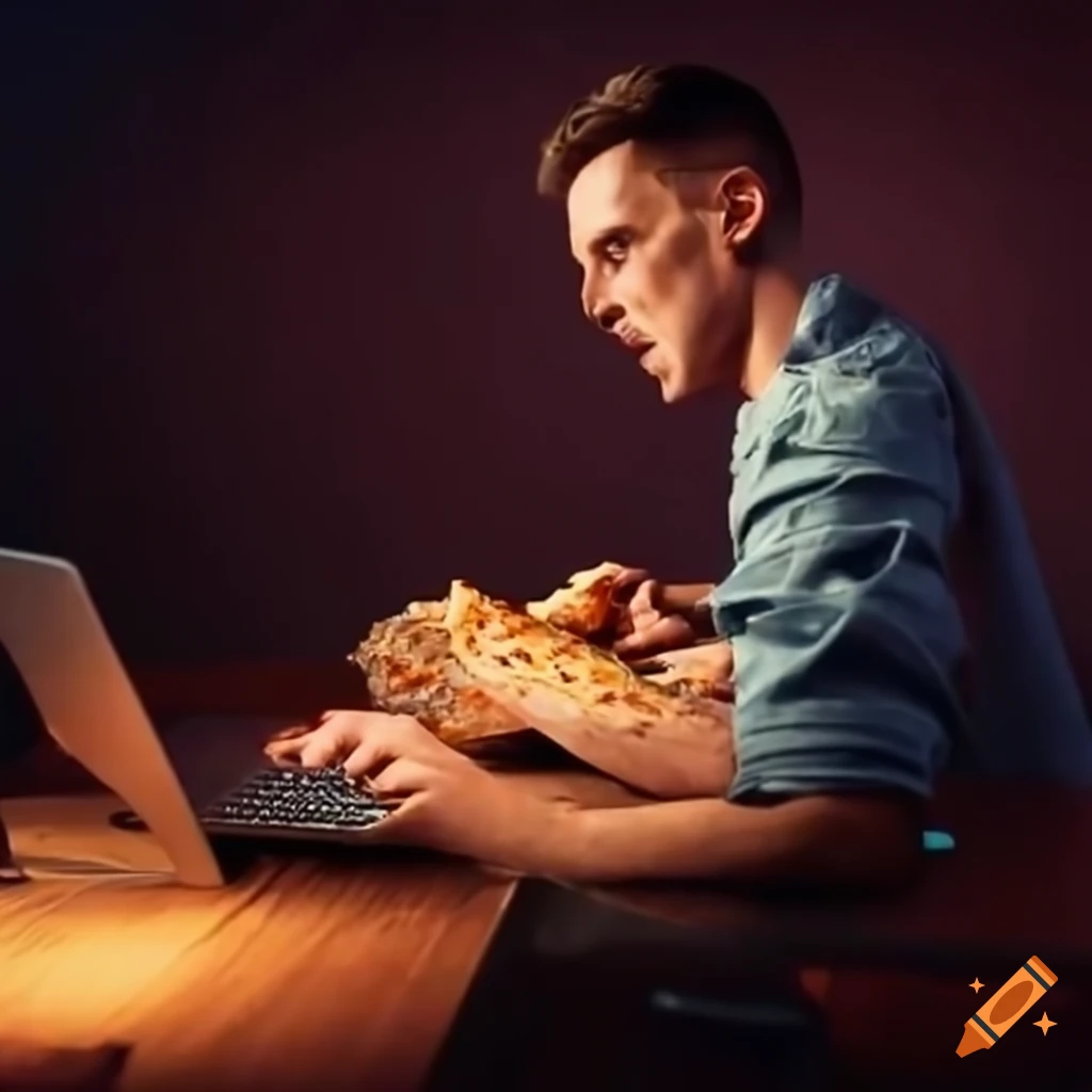 Man playing world of warcraft and eating pizza at computer desk