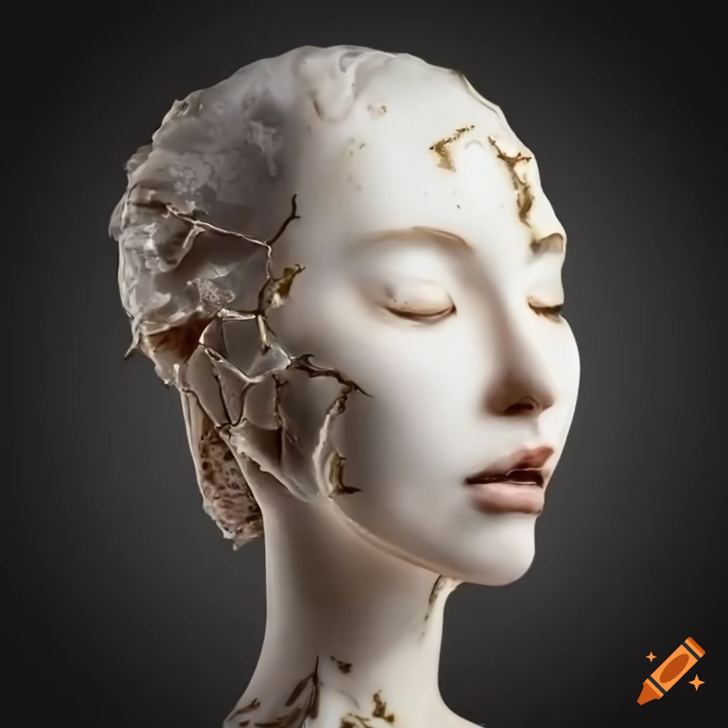 Damaged porcelain face of a woman with gold-mended cracks and closed ...