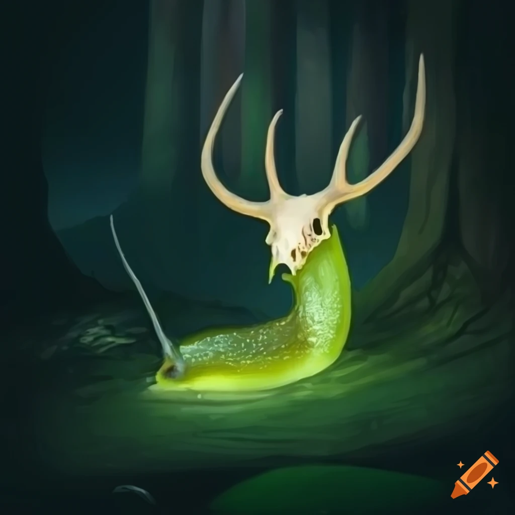 Translucent green slug with deer skull head in a dark forest on Craiyon