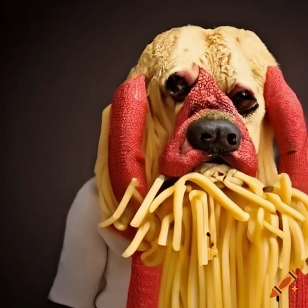 Spaghetti dog with an ugly hat