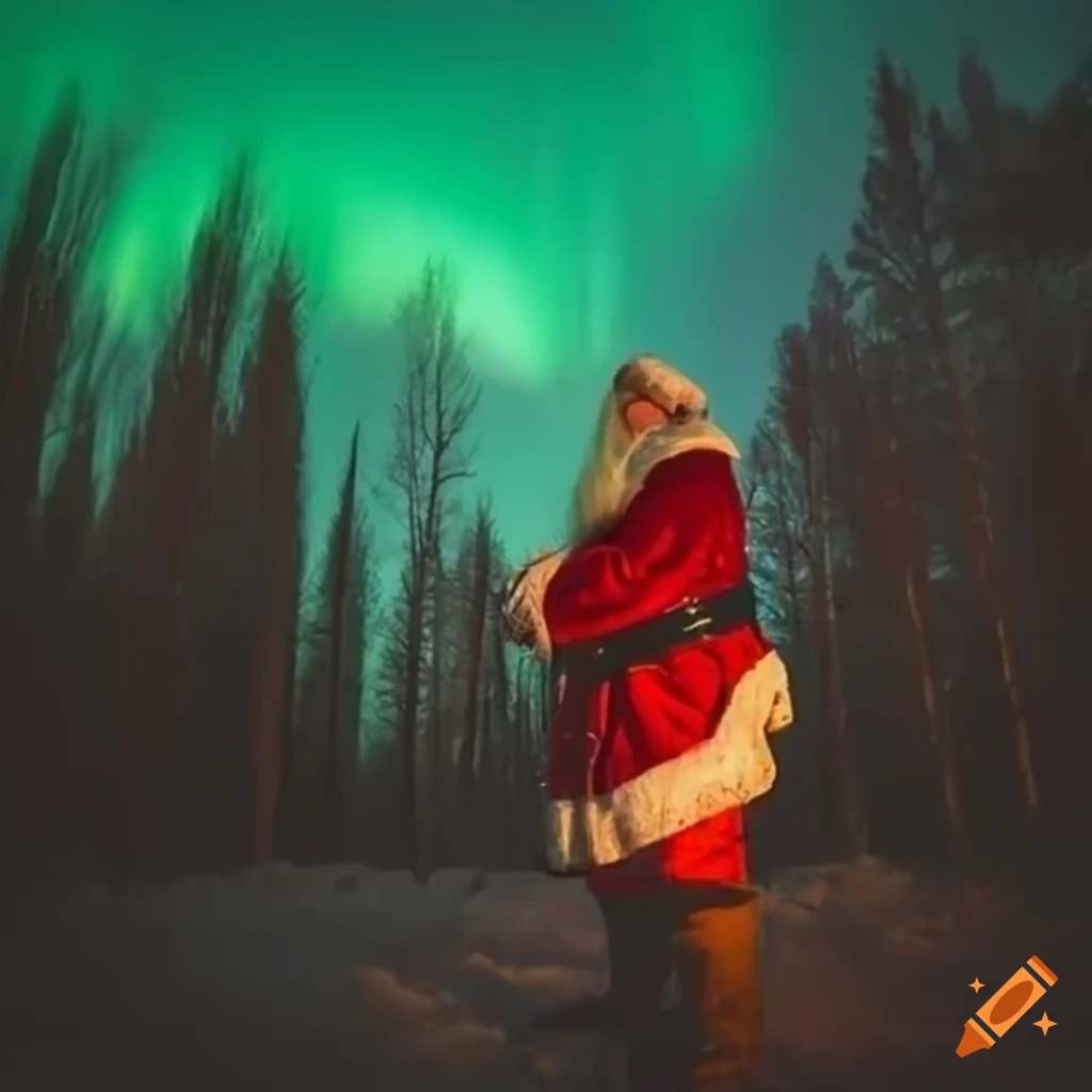 Santa claus in a forest under the northern lights