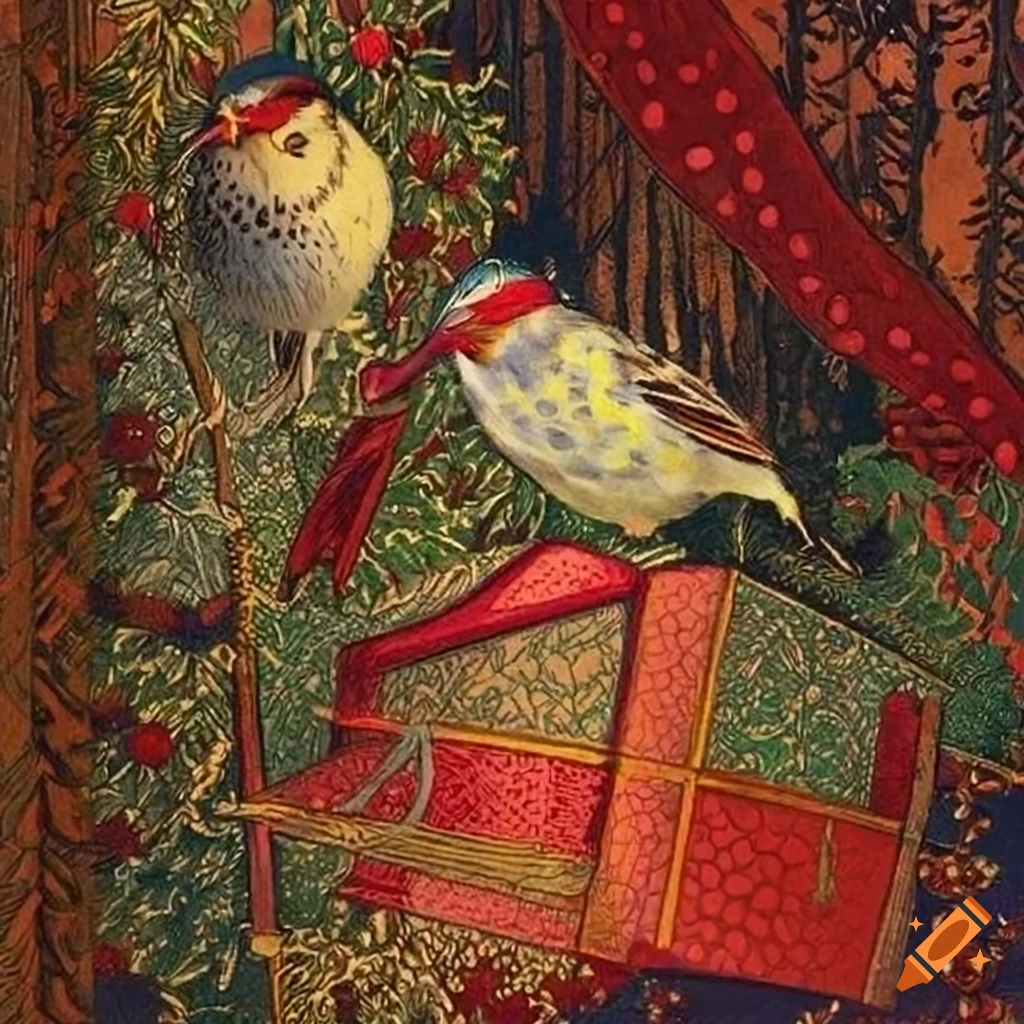 Highly detailed illustration of two sparrows holding a present with a ...