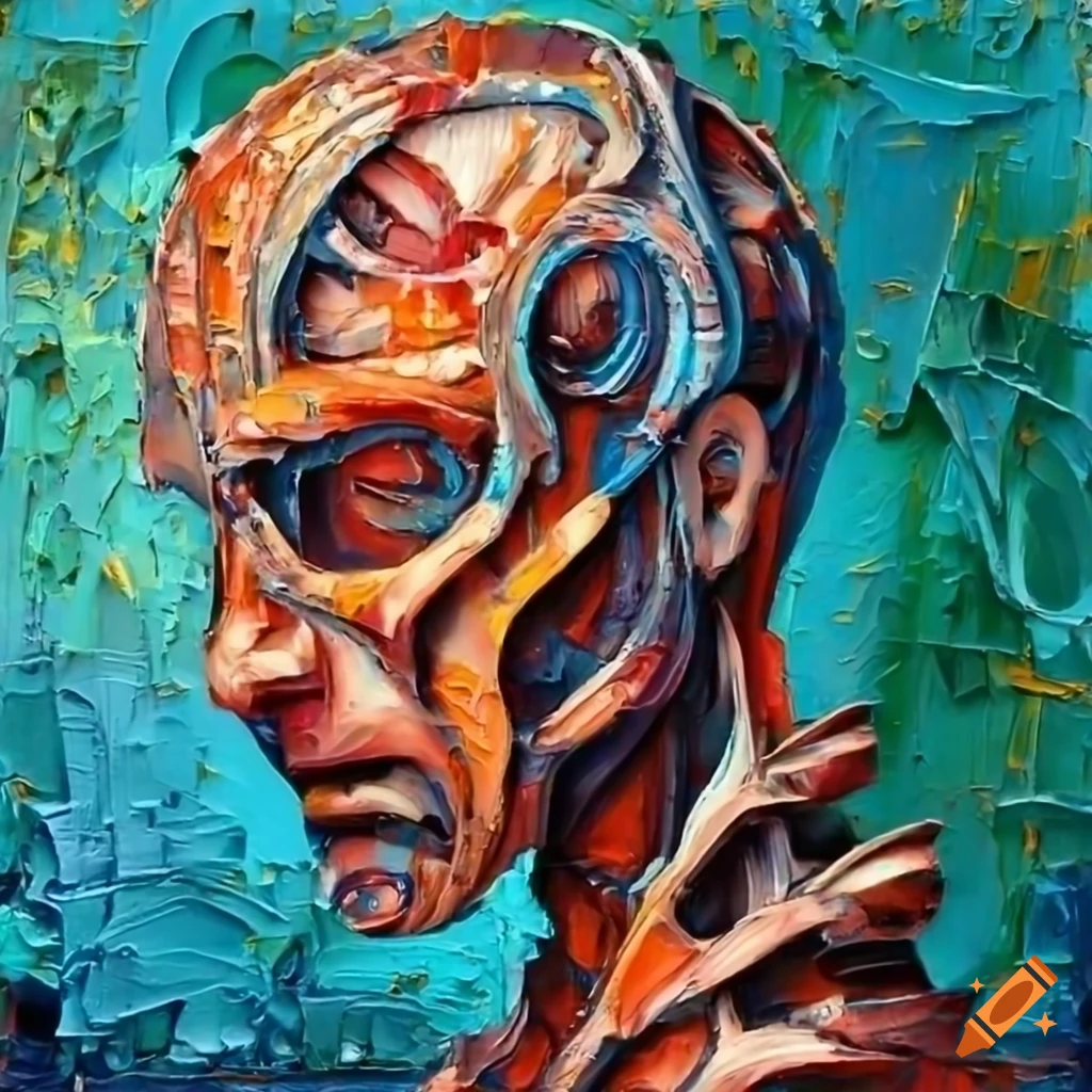 Biomechanical man depicted in textured palette knife painting