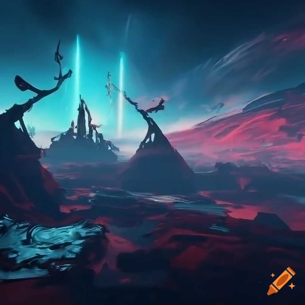 Warframe sci-fi landscape with flying ships and vibrant colors in 4k ...