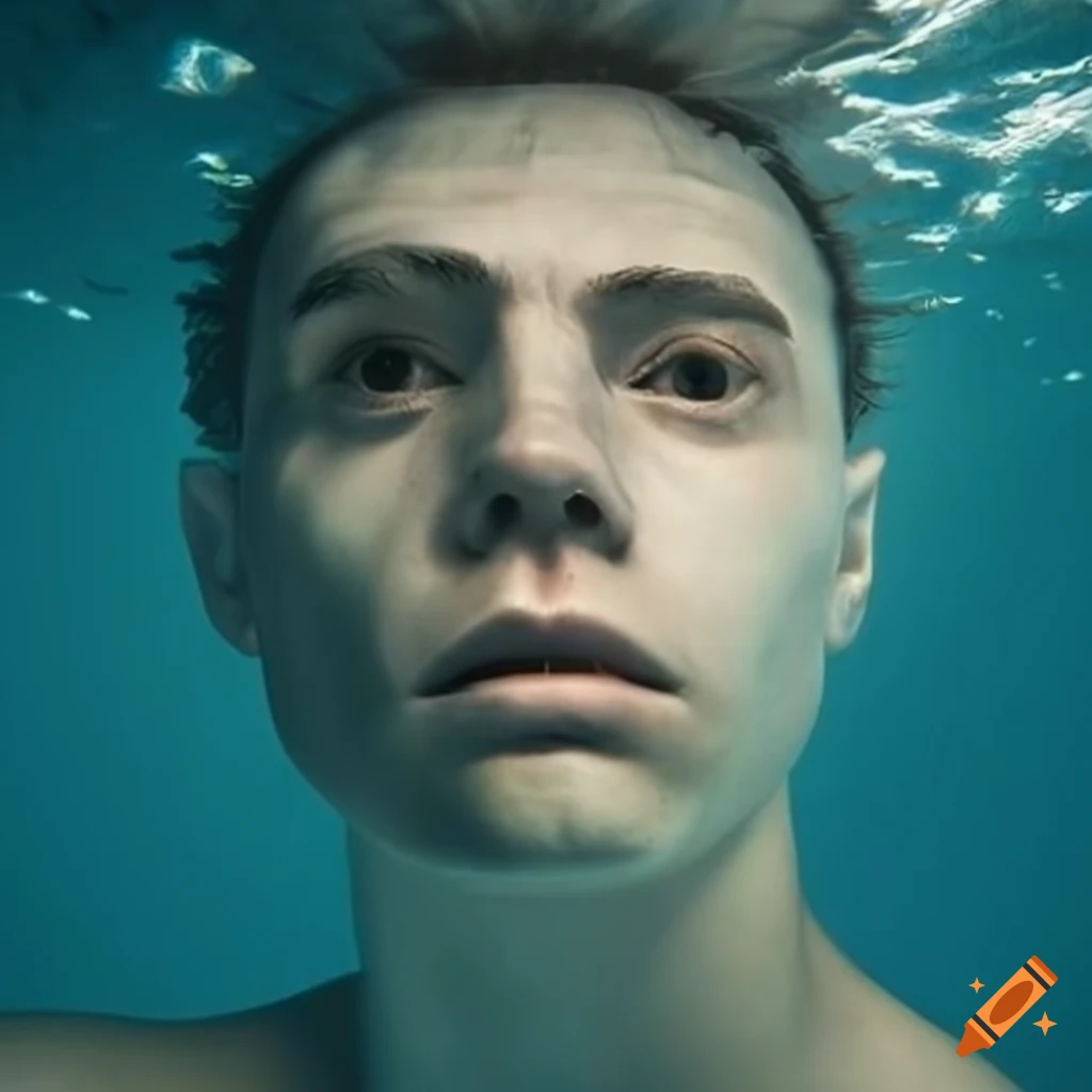 Man's face submerged in water