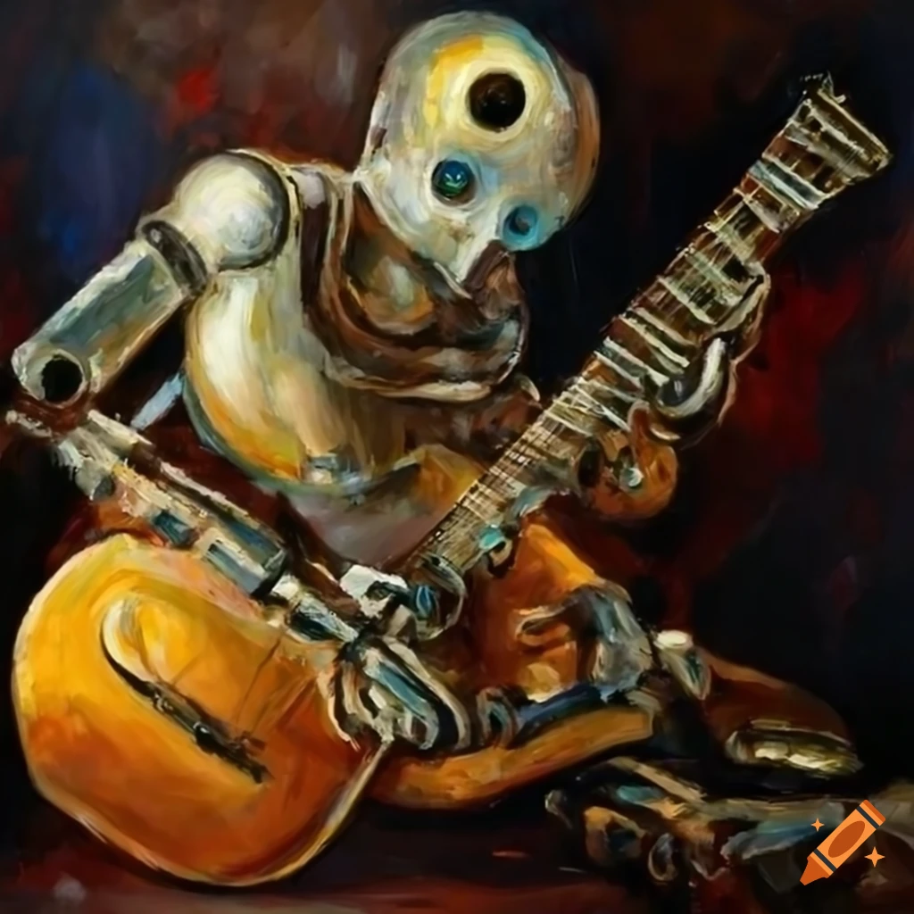 Impressionist painting of a robot writing guitar tablature on Craiyon