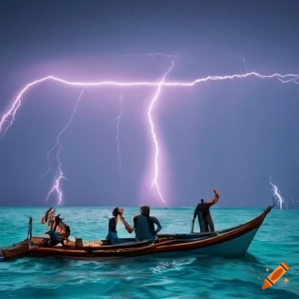 Five people on a boat in the sea during a lightning storm