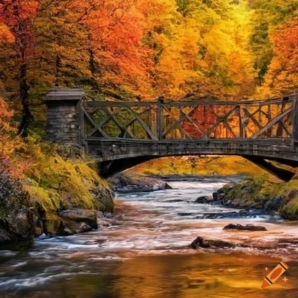 Charming vintage bridge over a river with fall colors in nature on Craiyon