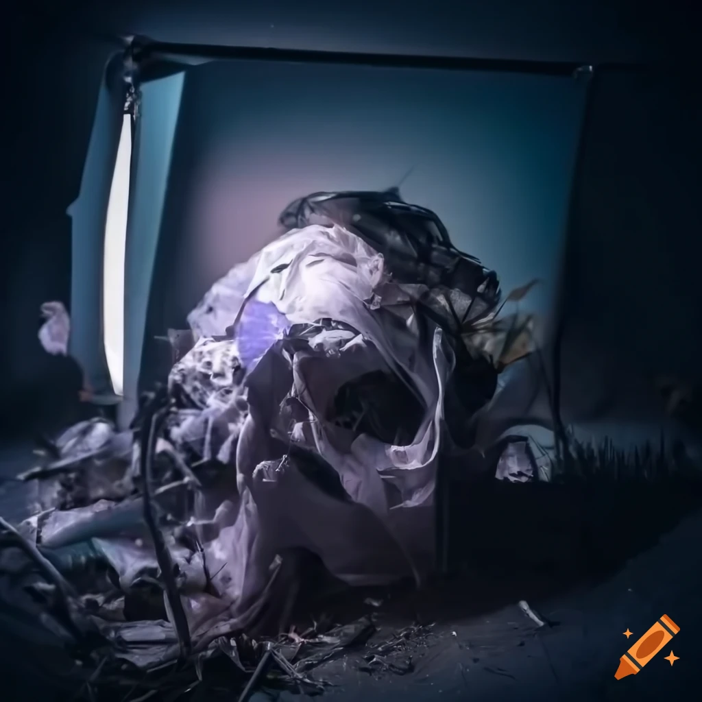 Distorted figure caught in junk garbage web in a destroyed landscape on ...