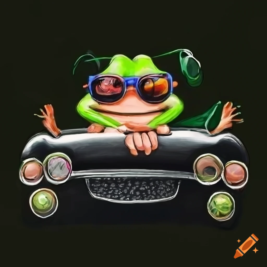 Frog wearing sunglasses driving a black convertible in a color pencil ...