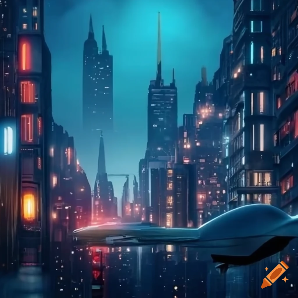 Science fiction cityscape with flying cars and drones on a rainy night