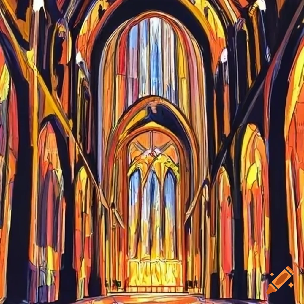 Drawing of an indoor cathedral on Craiyon