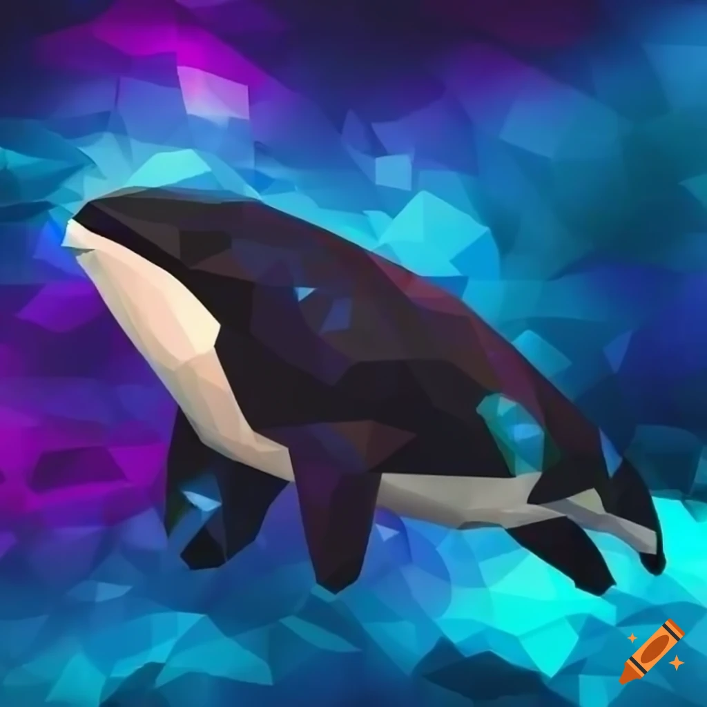 Low-poly orca swimming in a colorful rainbow galaxy