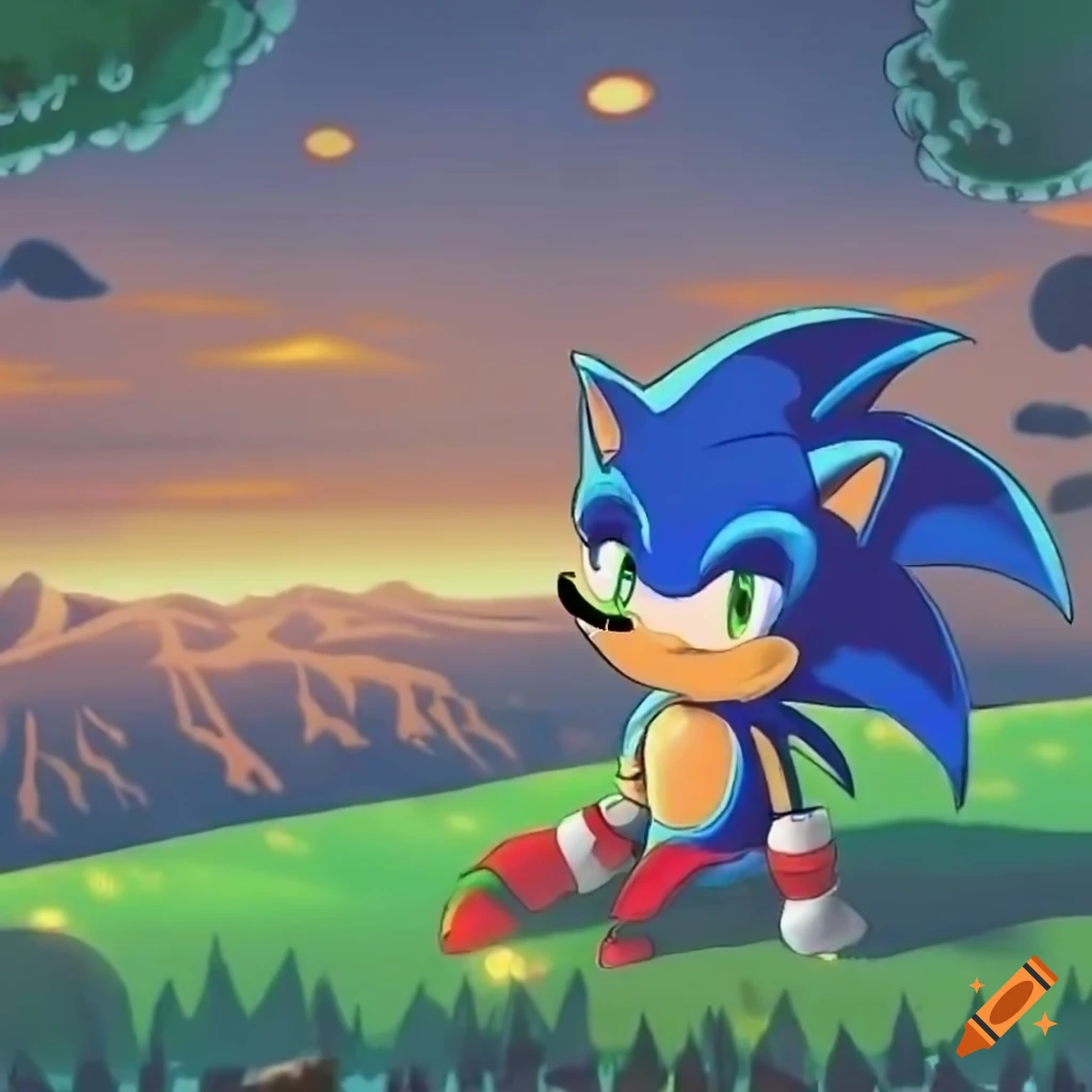 Adorable chibi sonic in a scenic countryside in classic anime style