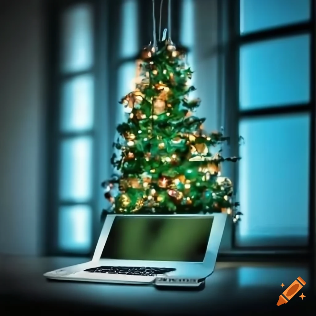 Laptop hanging from a christmas tree with window in the background