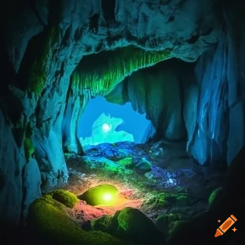 Rocky cave with glowing crystals and moss on Craiyon