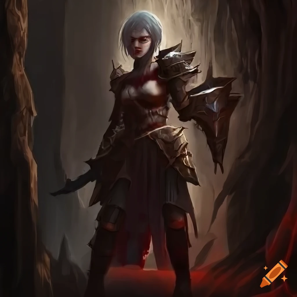 Female warrior with heavy armor and greatsword in a dark cave on Craiyon