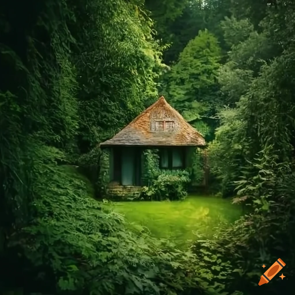 Overgrown cottage surrounded by greenery and plants on Craiyon