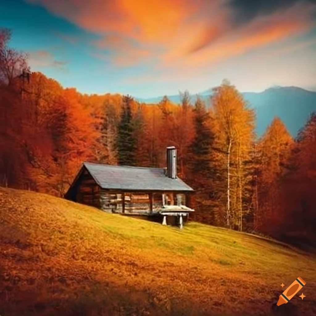 Log cabin in the mountains during fall season on Craiyon