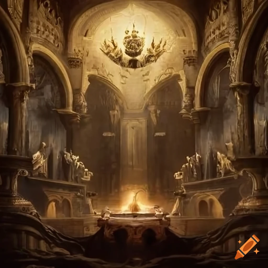 Hall of gods with a round table and 13 thrones on Craiyon